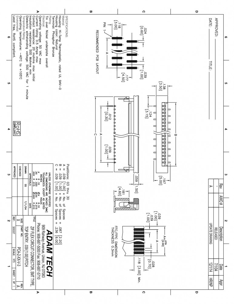 ADAM TECH PCA series ZIF flex circuit connector drawing reference