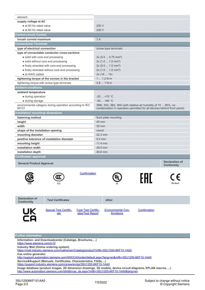 SIEMENS 3SU12006KF101AA0 datasheet page 2