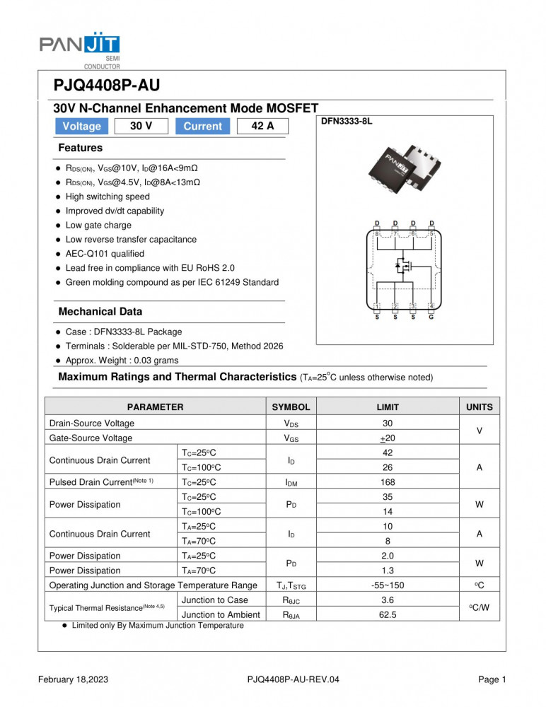 PJQ4408P-AU datasheet page 1