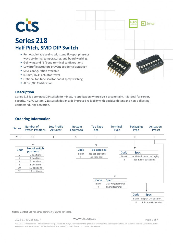 Series 218 datasheet page 1