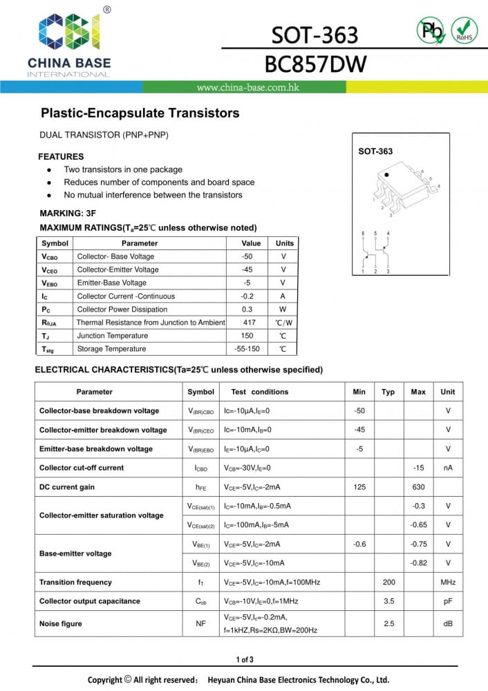 BC857DW datasheet page 1