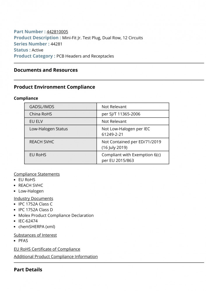MOLEX 442810005 technical document page 1