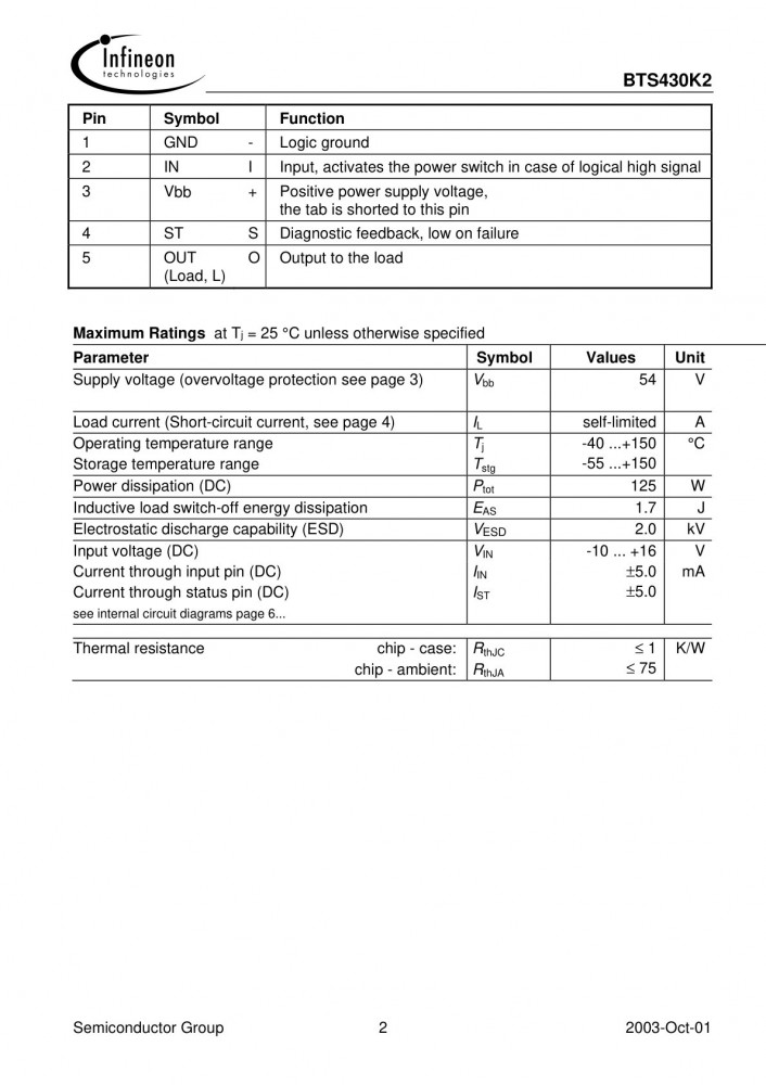 BTS430K2E3122A datasheet page 2