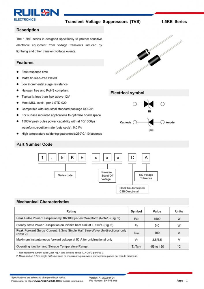 1.5KE series datasheet page 1