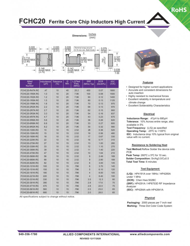 FCHC20 series datasheet page showing dimensions and electrical characteristics