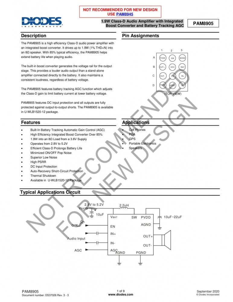 PAM8905PZR datasheet page 1