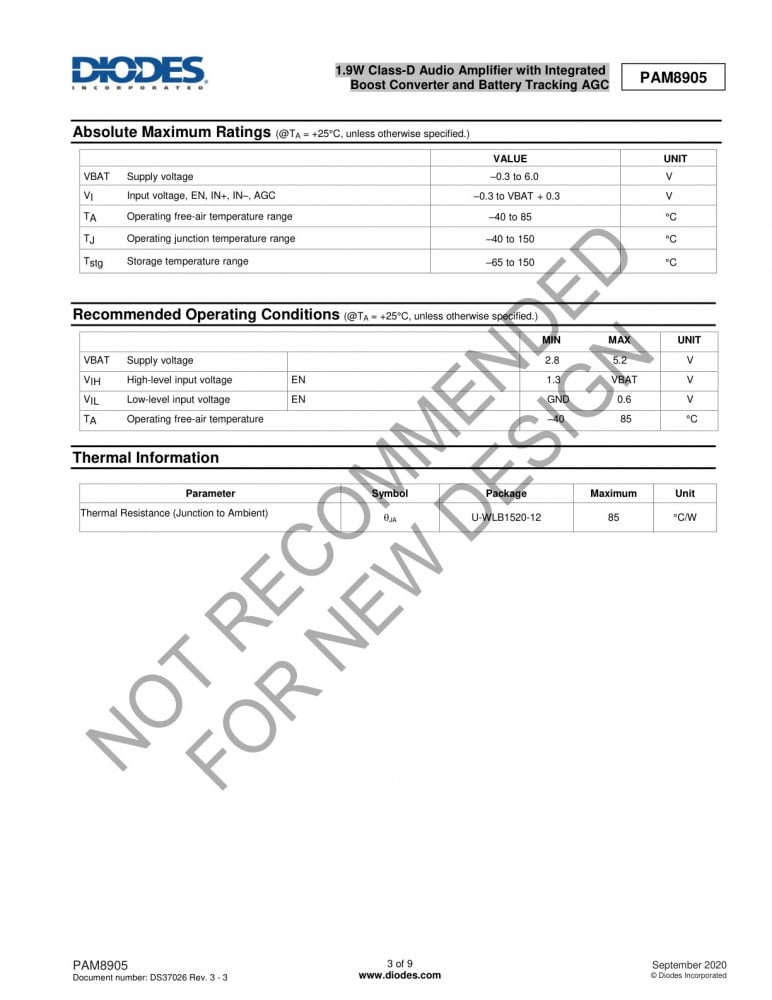 PAM8905PZR datasheet page 3
