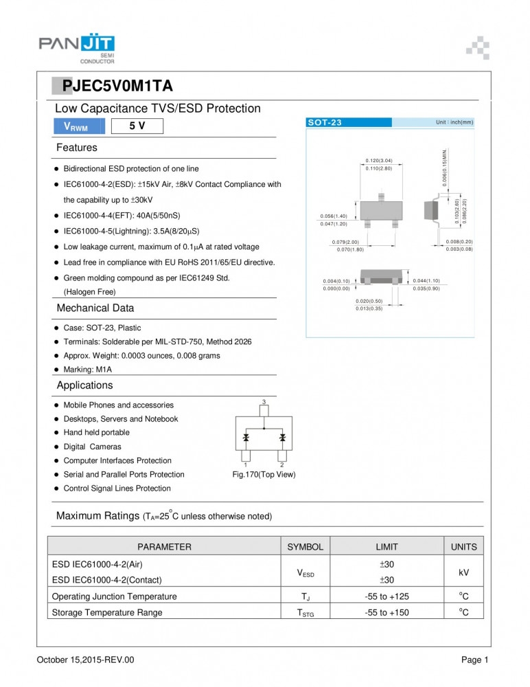 PJEC5V0M1TA datasheet page 1