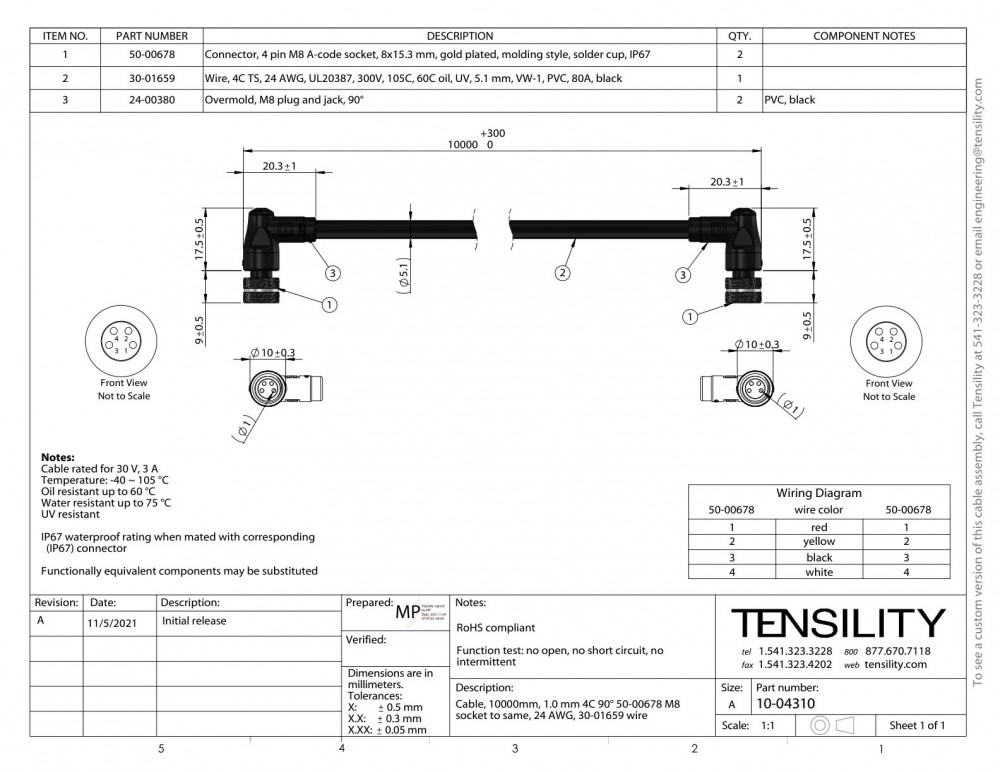 Technical drawing for Tensility International cable assembly model 10-04310