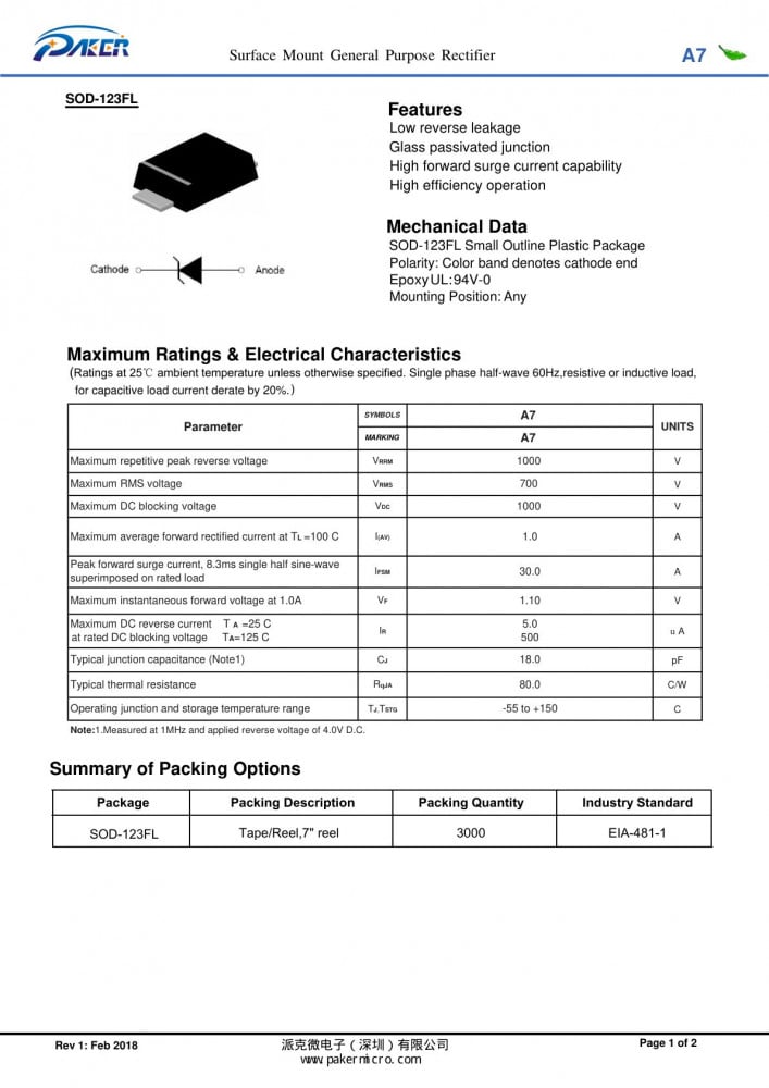 PAKER A7 SOD-123FL datasheet page 1