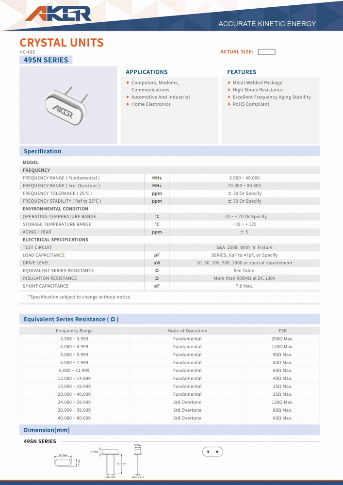 AKER 49SN Series crystal unit technical document image