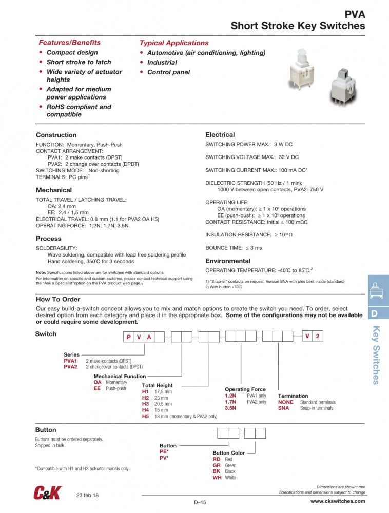 C&K PVA series datasheet page 1