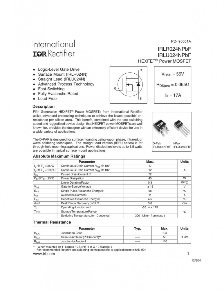 IRLR024NTRPBF datasheet page 1