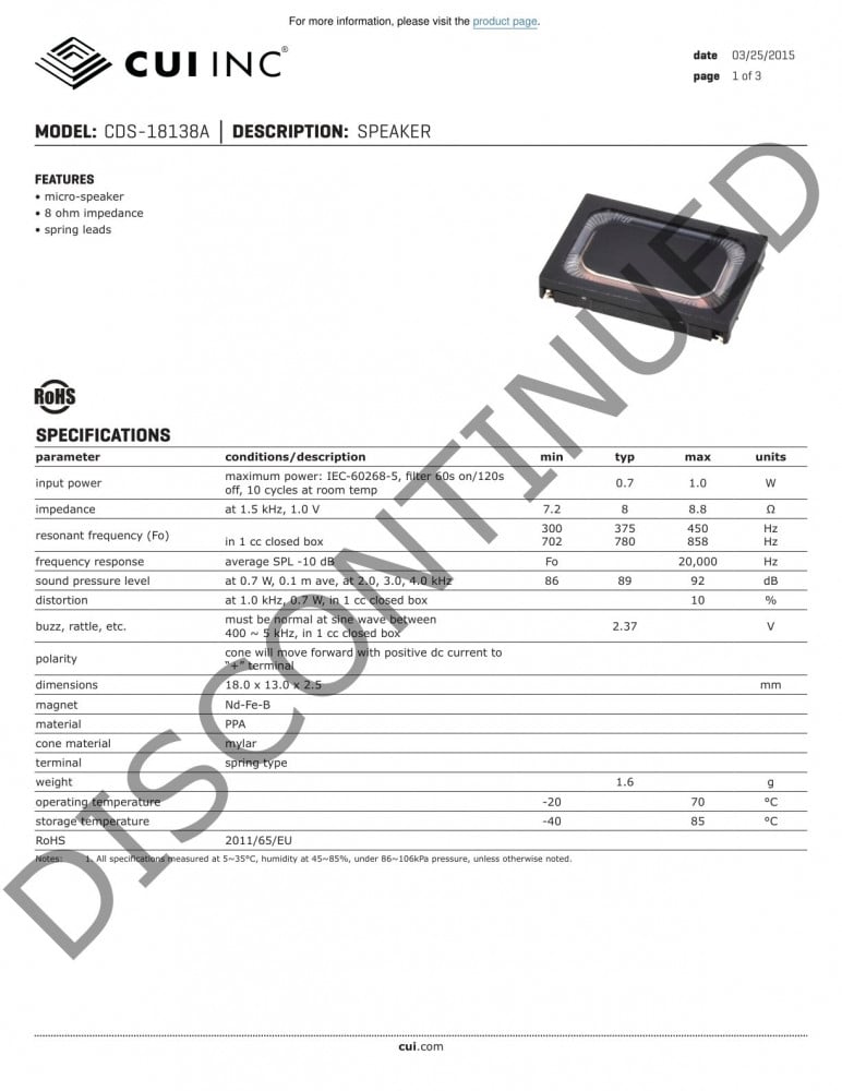 CDS-18138A product specification page