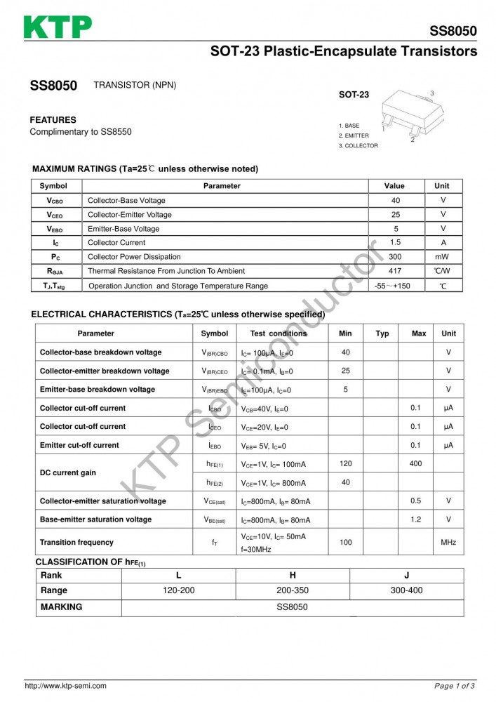 KTP SS8050 datasheet page 1
