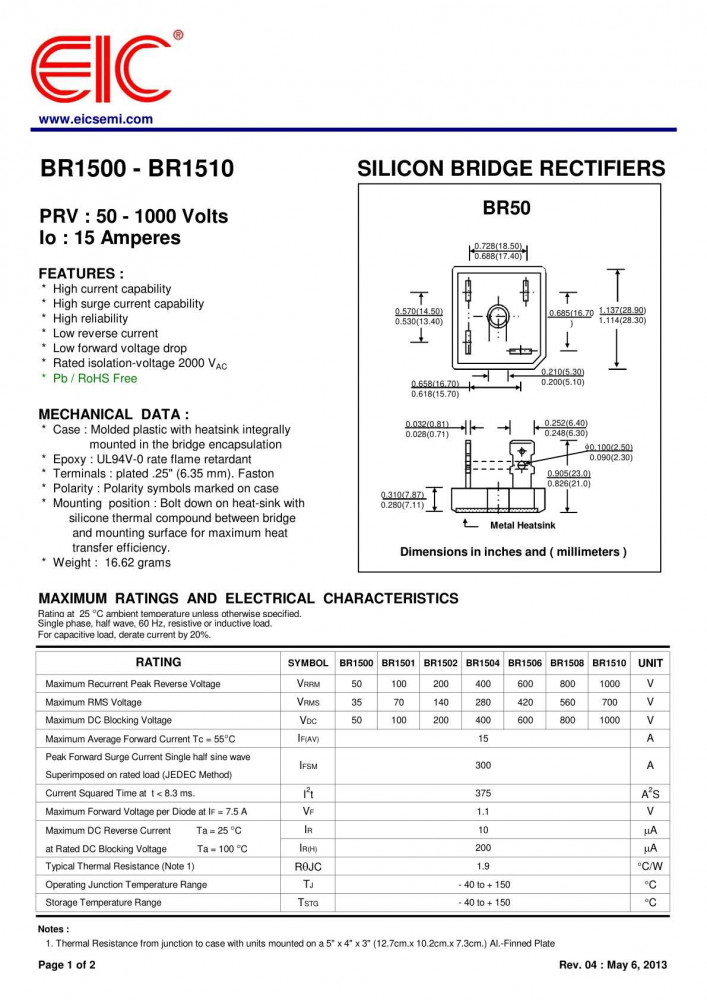 EIC BR1502M datasheet page 1