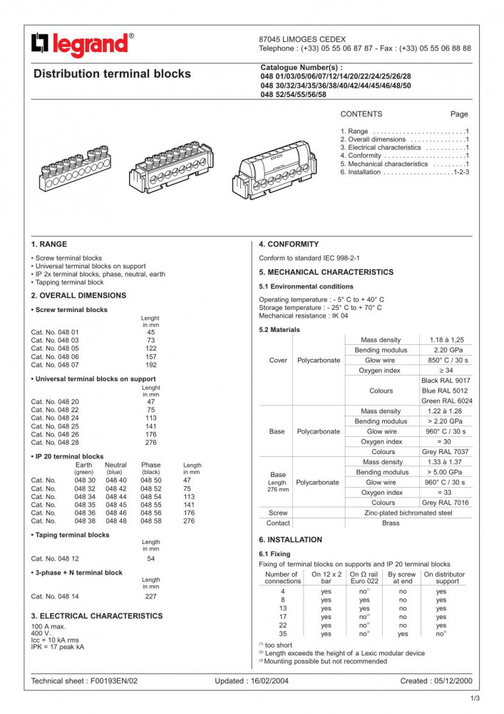 Legrand distribution terminal blocks catalogue page 1
