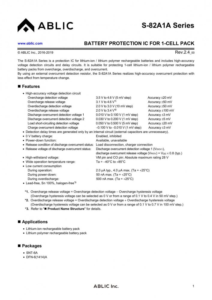ABLIC S-82A1A datasheet page 1