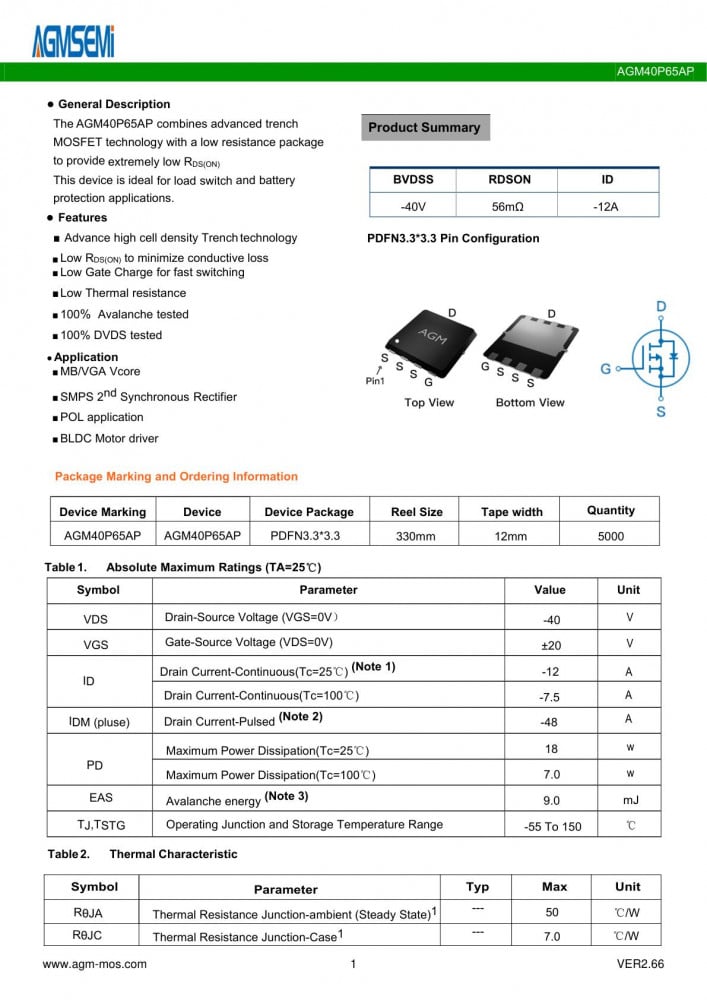 AGM40P65AP datasheet page 1