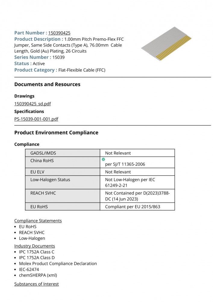 Molex 1.00 mm pitch FFC family specification, page 1