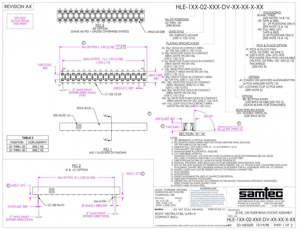 Samtec HLE-120-02-F-DV-BE-A technical drawing page 1