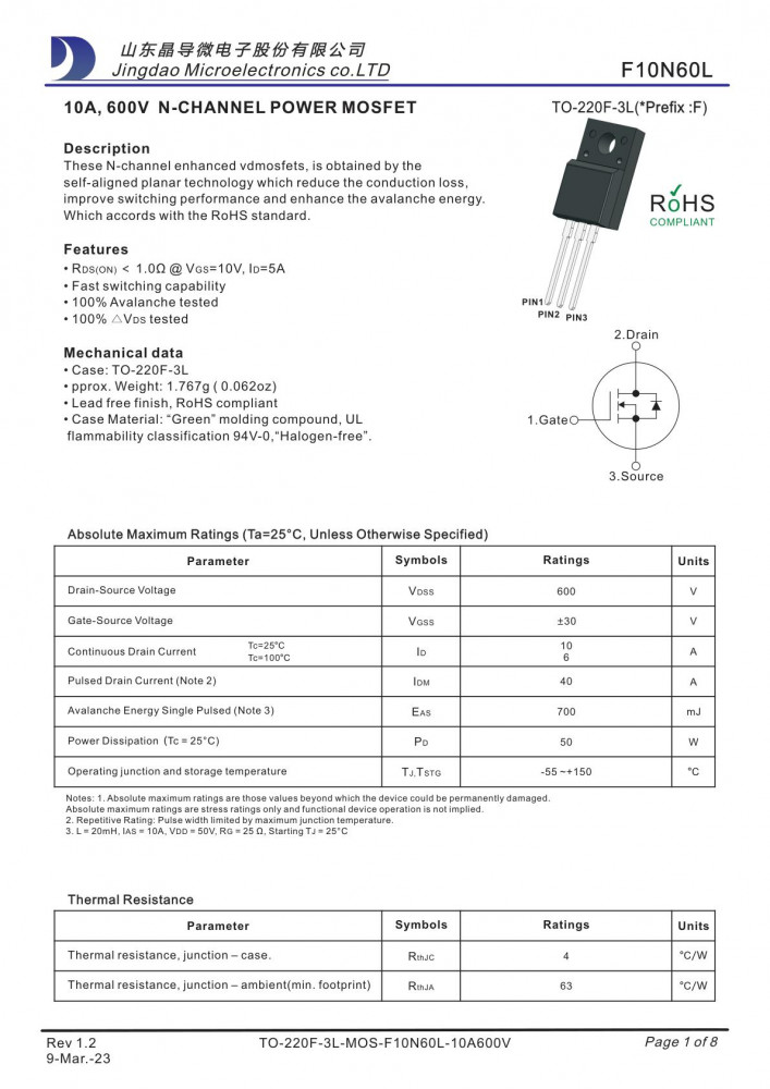 F10N60L datasheet page 1