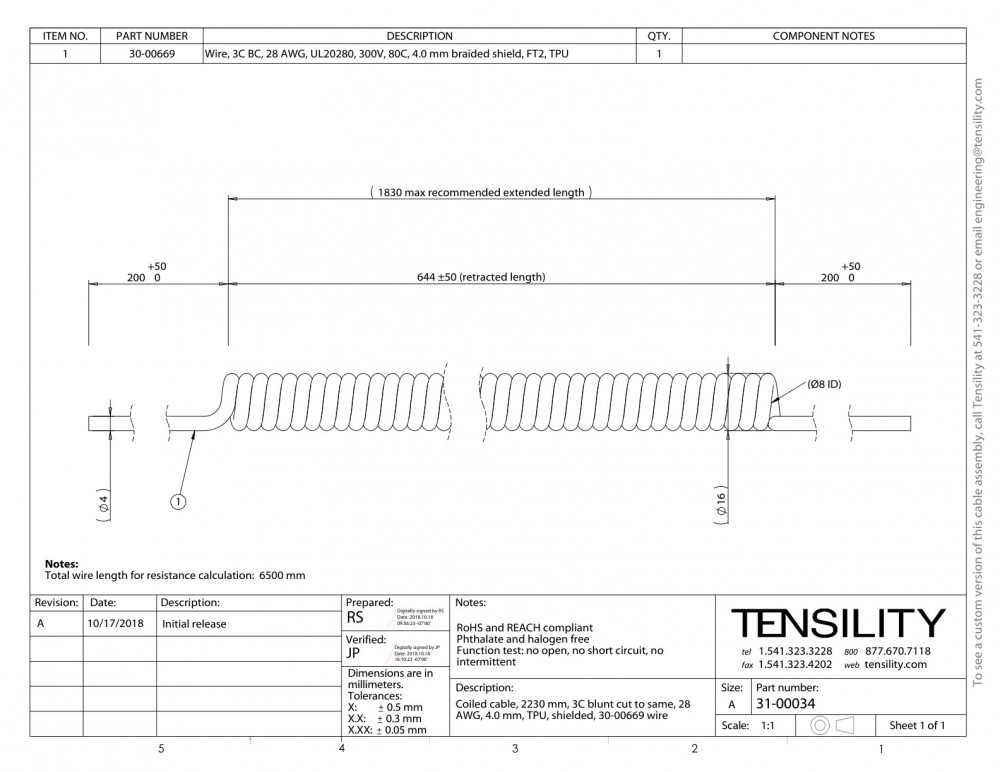 Tensility International 31-00034 cable assembly drawing