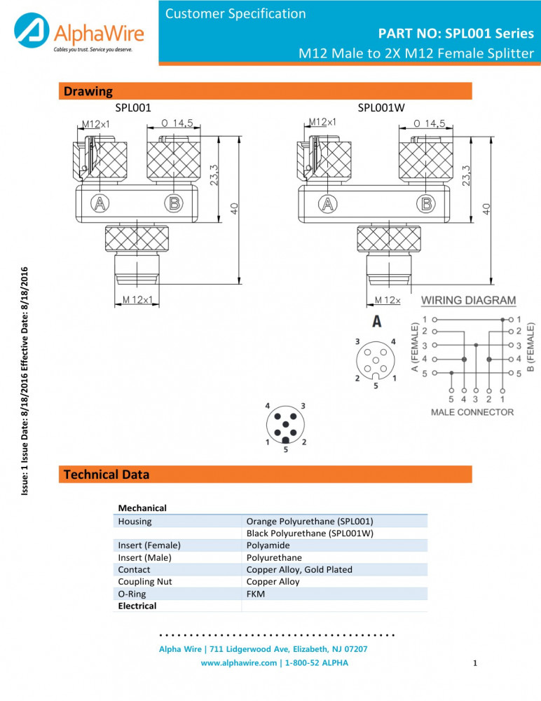 Alpha Wire SPL001W technical drawing page 1