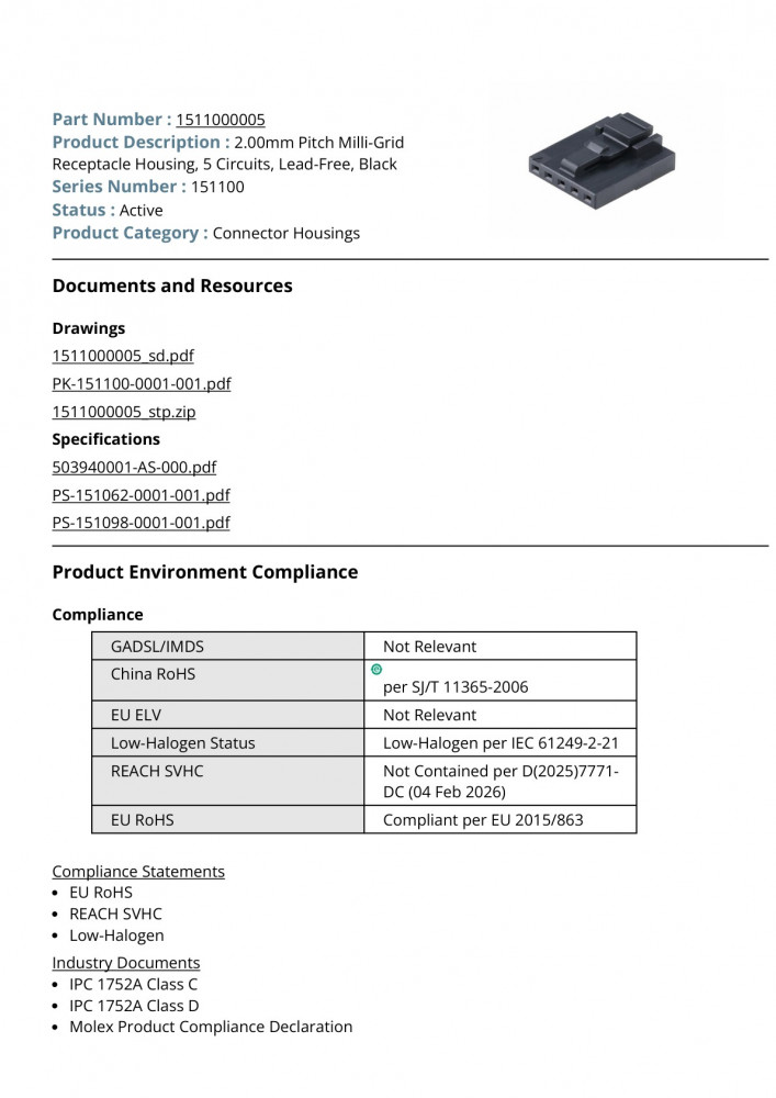 MOLEX 1511000005 product specification page 1