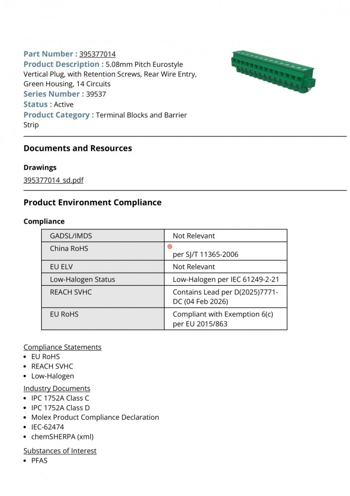 MOLEX product document page 1