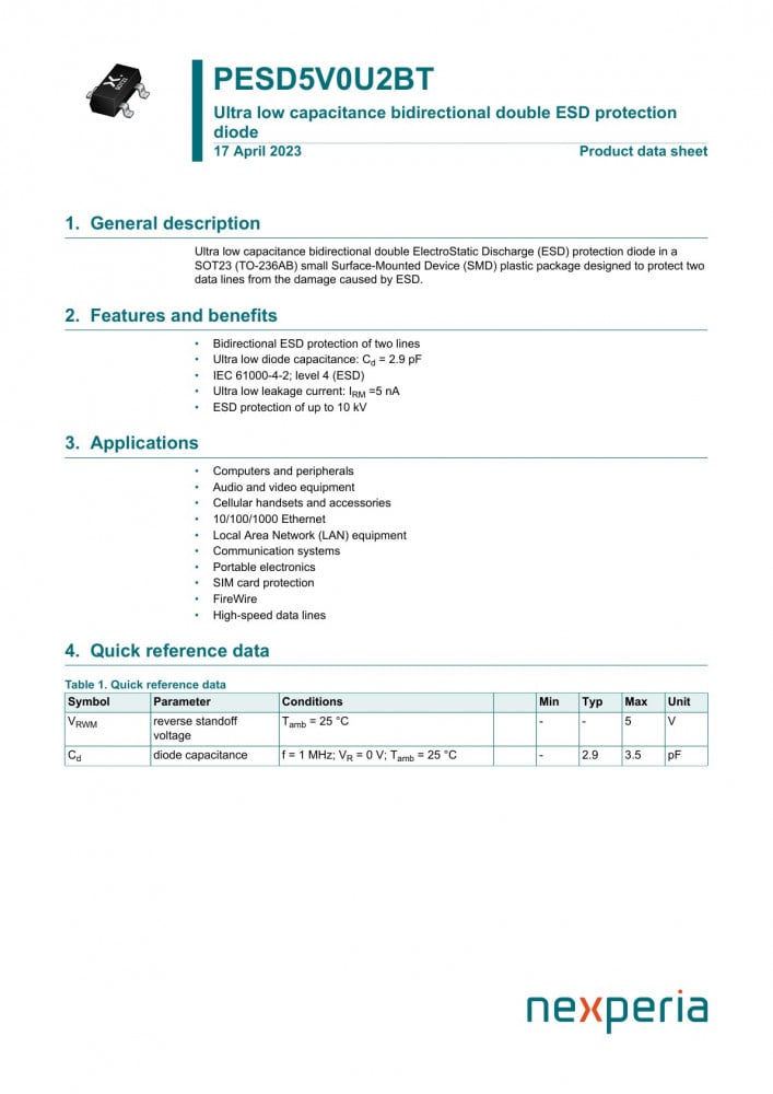 PESD5V0U2BT datasheet page 1