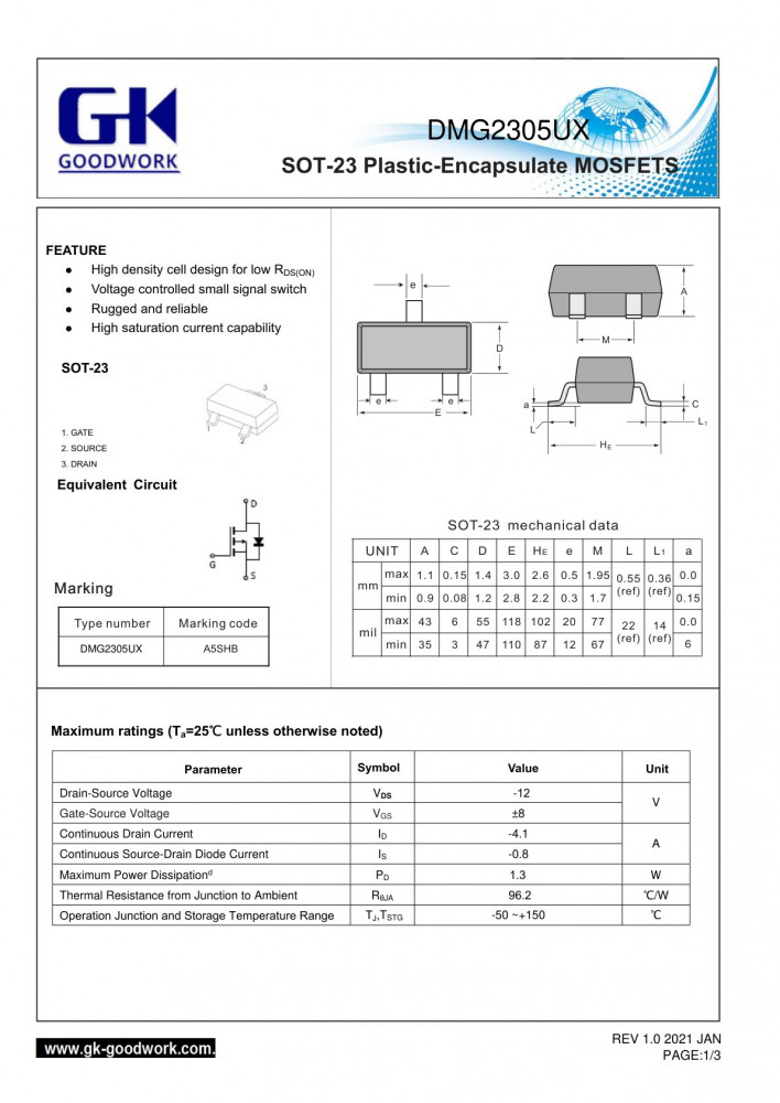 DMG2305UX technical document page 1