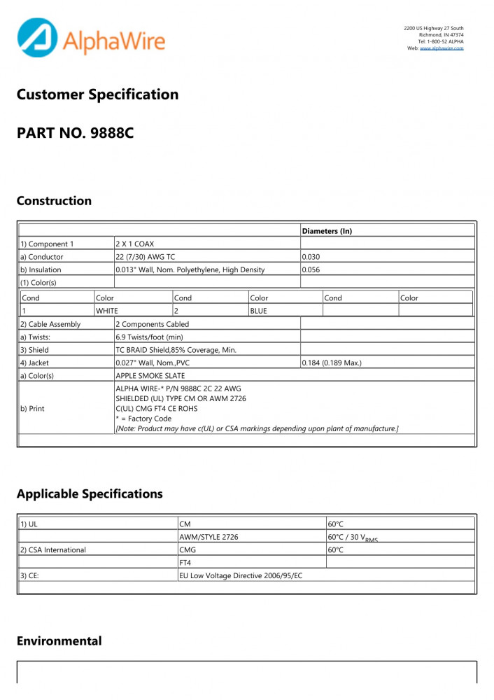 Alpha Wire 9888C specification page 1