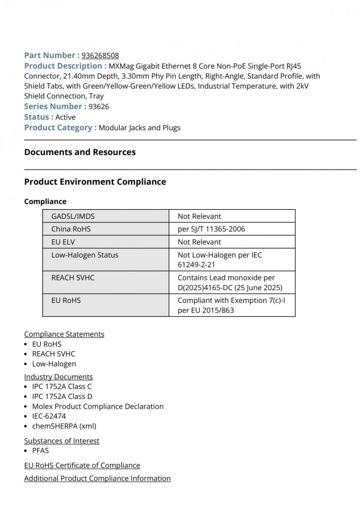 Technical document page 1 for MOLEX 936268508