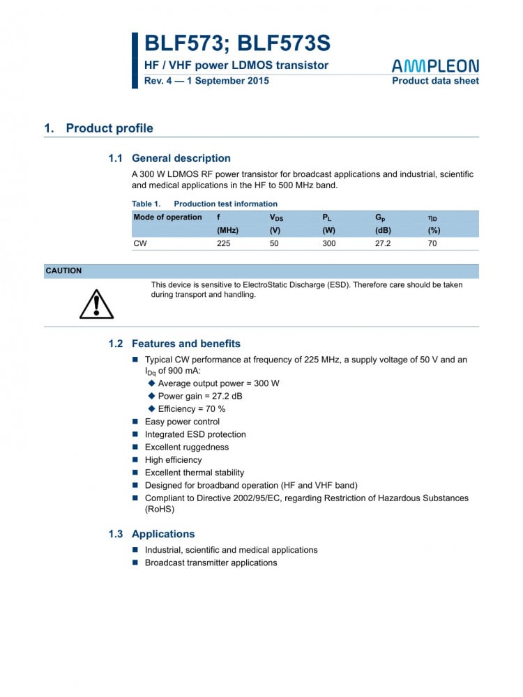BLF573 datasheet page 1