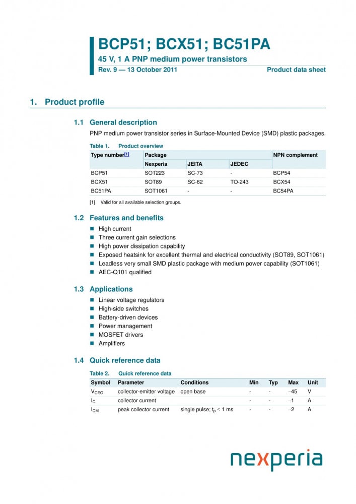 BCX51 datasheet page 1