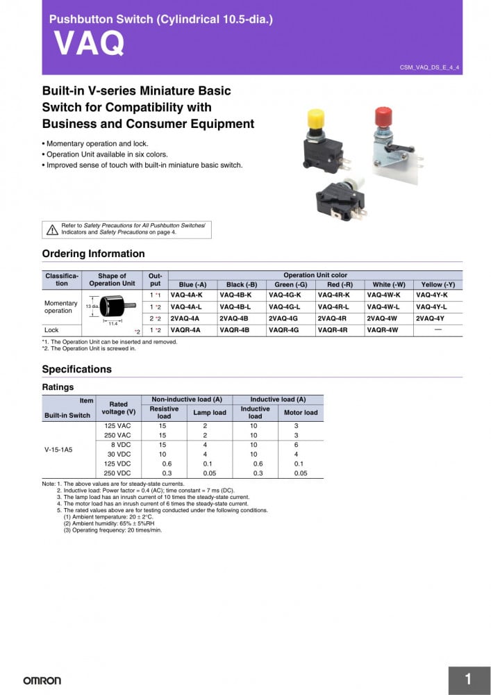 OMRON VAQ-4Y-L datasheet page 1