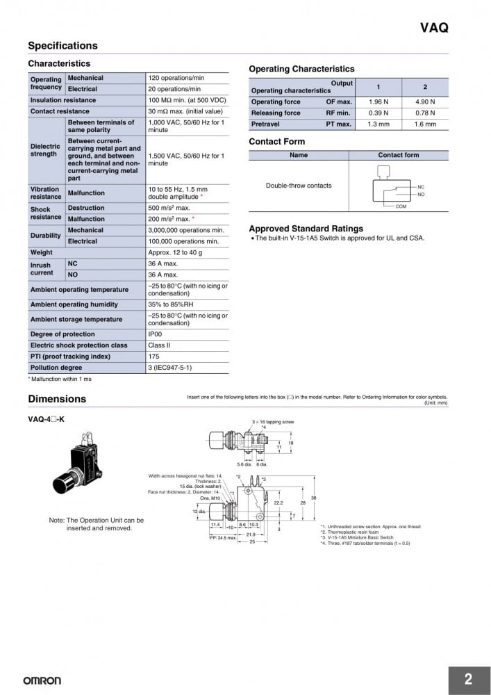 OMRON VAQ-4Y-L datasheet page 2