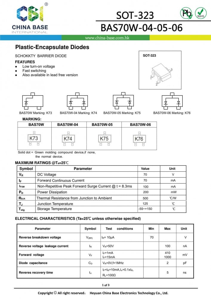 CBI BAS70W-04 datasheet page 1
