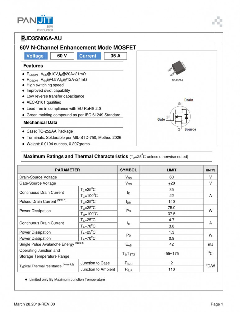PJD35N06A-AU datasheet page 1