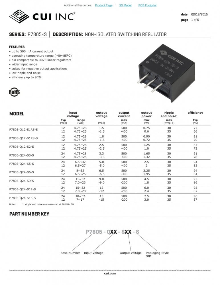 CUI P7805-S datasheet page 1