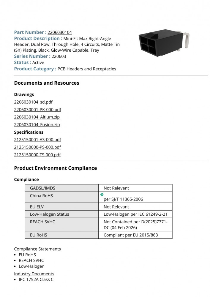 MOLEX 2206030104 technical document preview, page 1