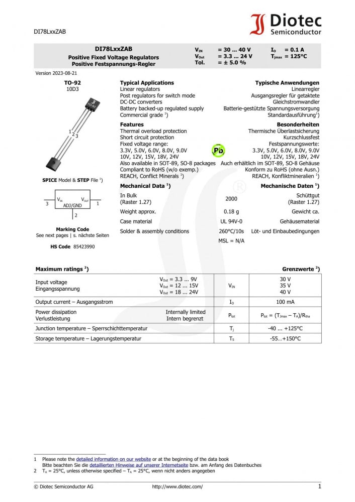 DIOTEC DI78L18ZAB datasheet page 1