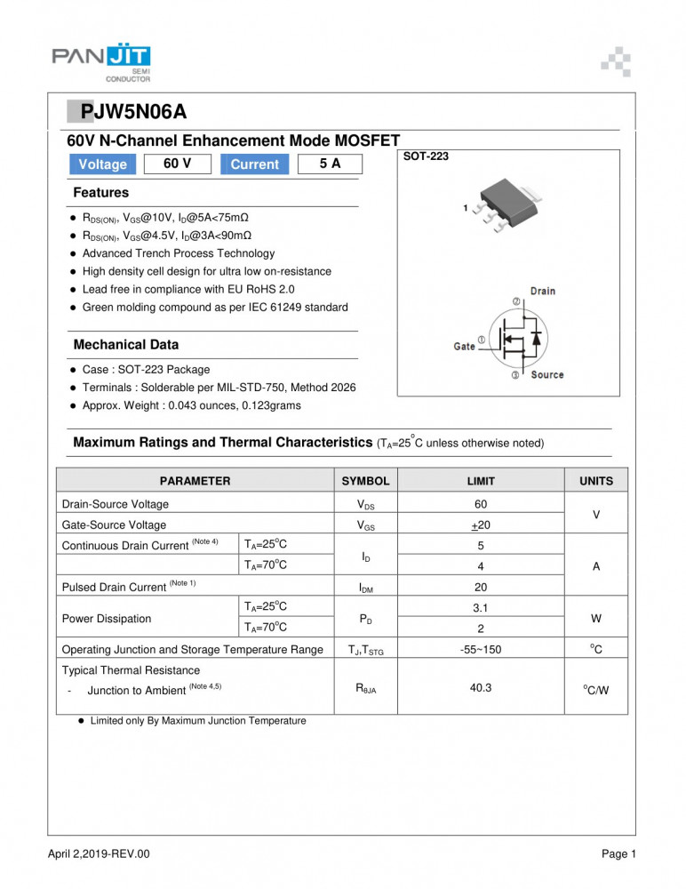 PJW5N06A datasheet page 1