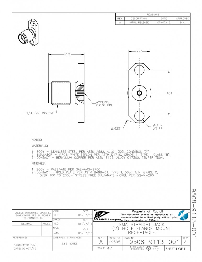 Radiall 9508-9113-001 product drawing