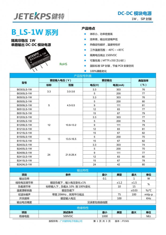 JETEKPS B0512LS-1W datasheet page 1