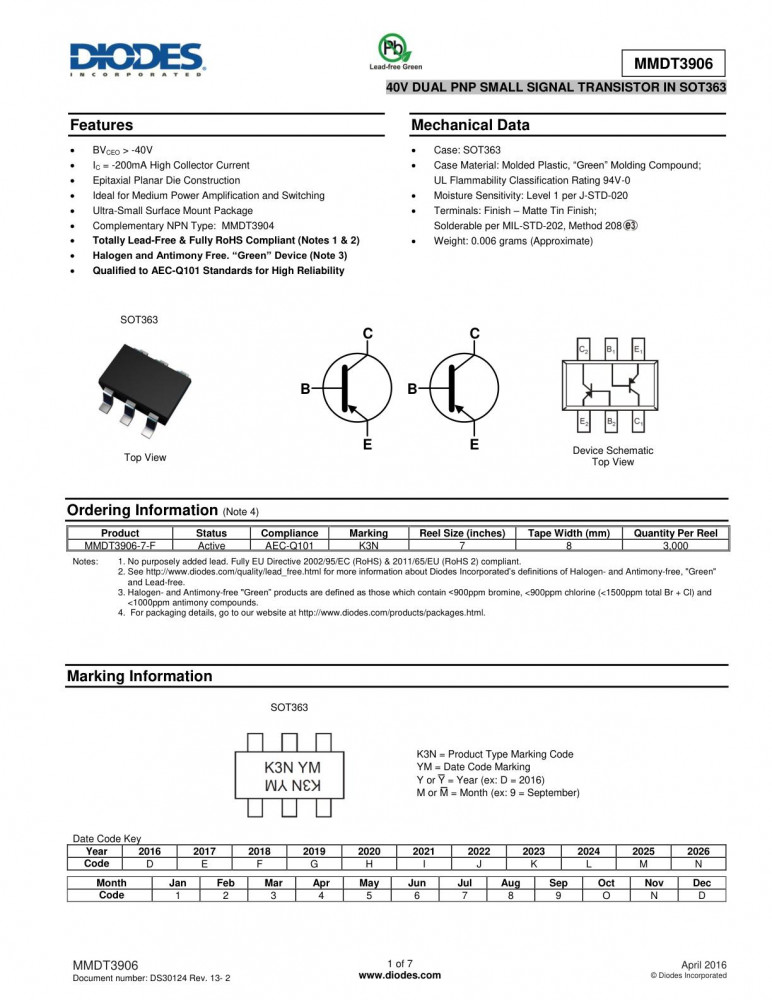 MMDT3906-7-F datasheet page 1