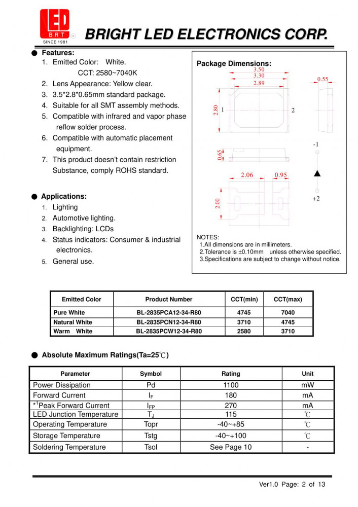 BL-2835PCX12-34-R80 datasheet page 1