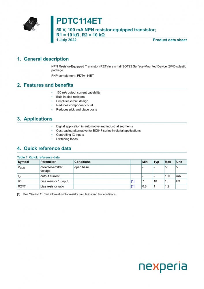 PDTC114ET datasheet page 1