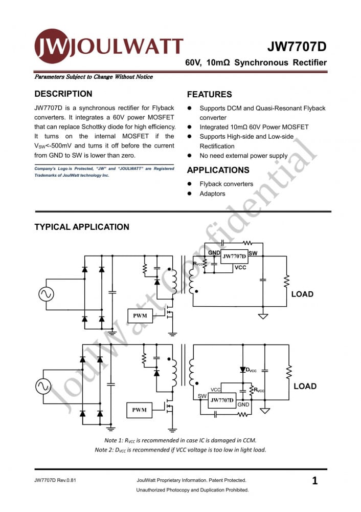 JW7707D datasheet page 1